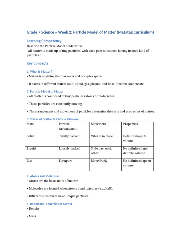 Particle Model of Matter Grade7 | PDF