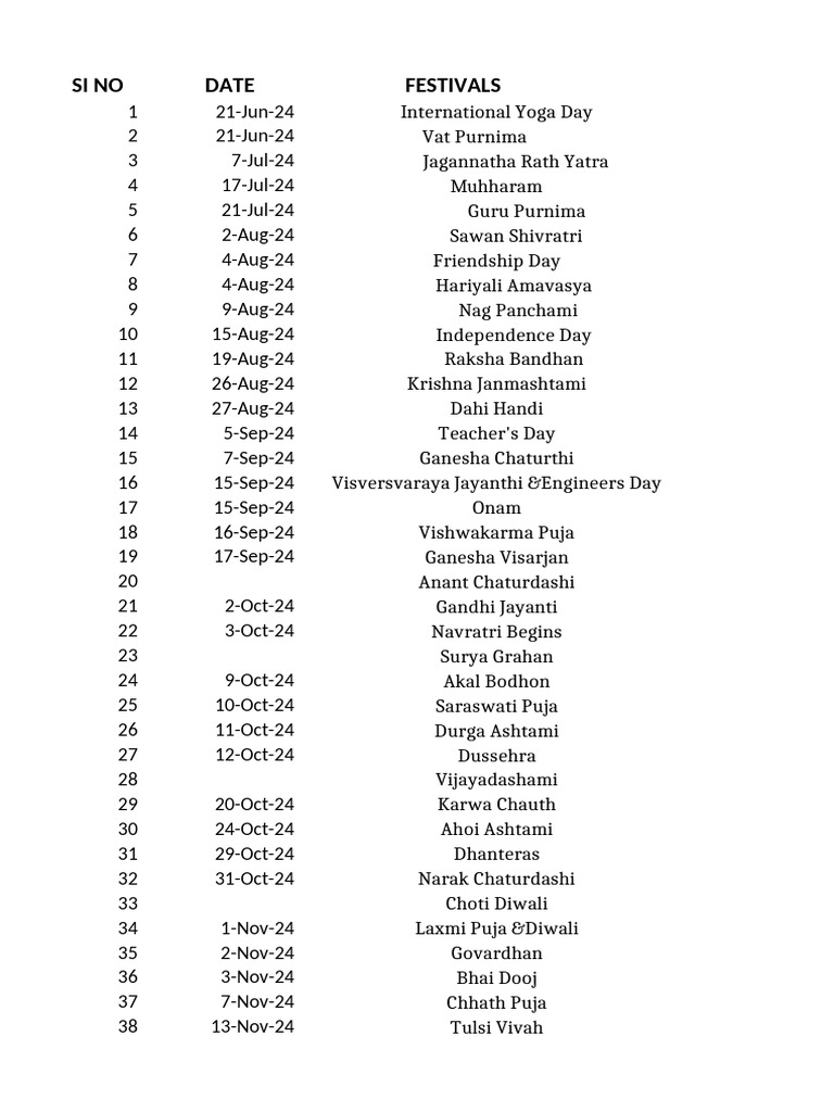 2024 Festival Calendar and Dates | PDF