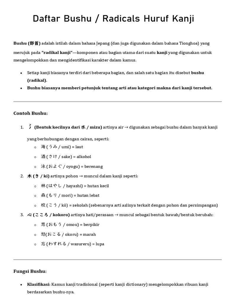 Daftar Bushu Radicals Huruf Kanji | PDF