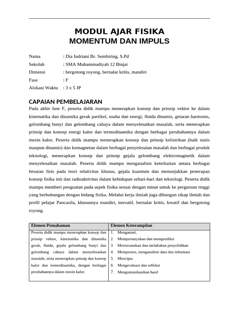 Modul Ajar 5 Kls XI Momentum Dan Implus | PDF