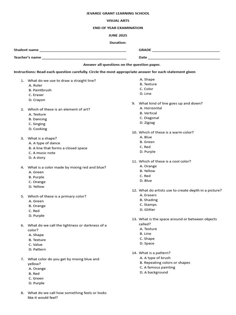 Grade 8 Visual Arts Exam 2025 | PDF | Paintings | Drawing