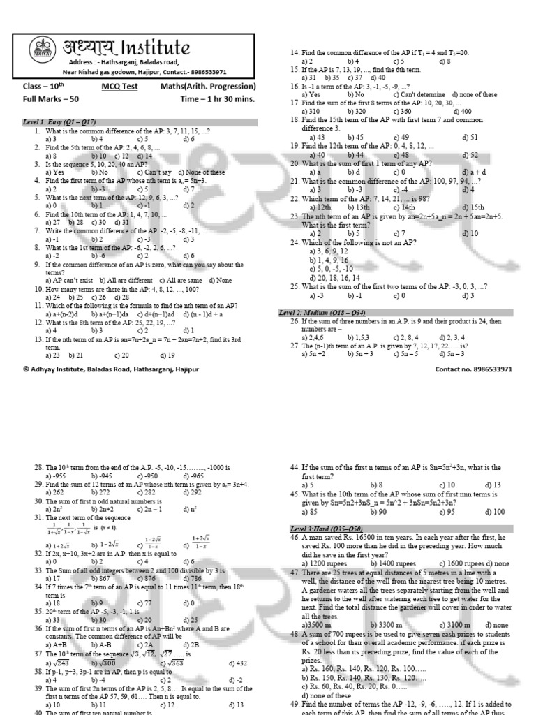 Class 10 AP Maths MCQ Test | PDF