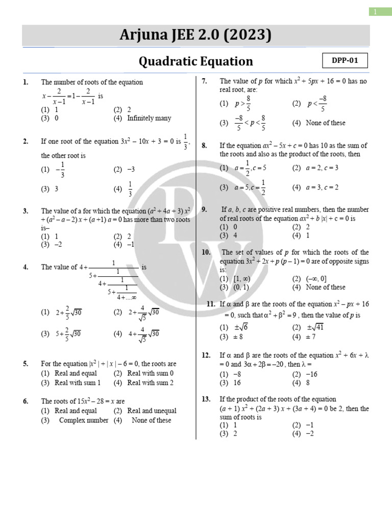Quadratic Equations DPP 01 of Lec 02 Arjuna JEE 20 2023 | PDF | Mathematical Objects | Chess