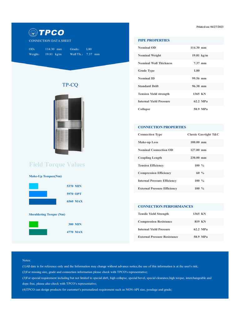 L80 Pipe Connection Data Sheet | PDF | Mechanical Engineering
