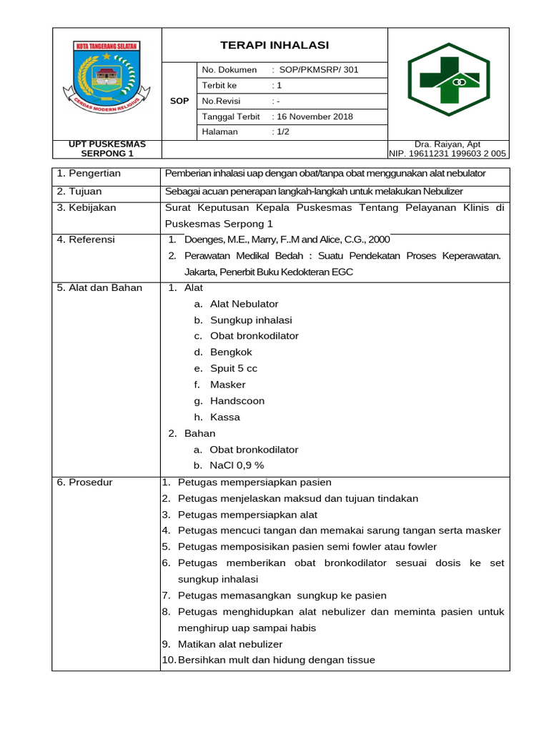 SOP Terapi Inhalasi Nebulizer Puskesmas | PDF