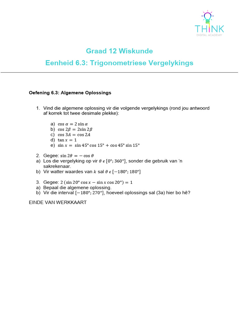 Eenheid 6.3 Trigonometriese Vergelykings | PDF