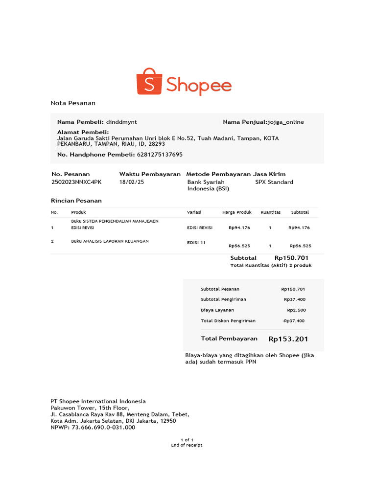 Nota Pesanan Buku di Shopee | PDF