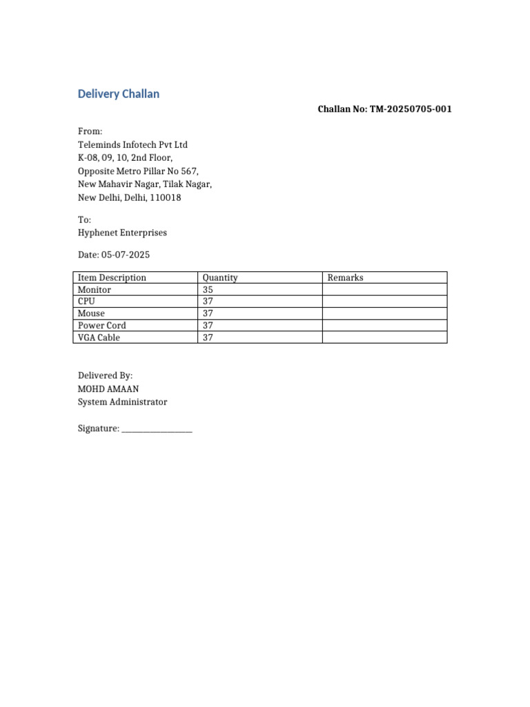 Delivery Challan Teleminds Updated | PDF