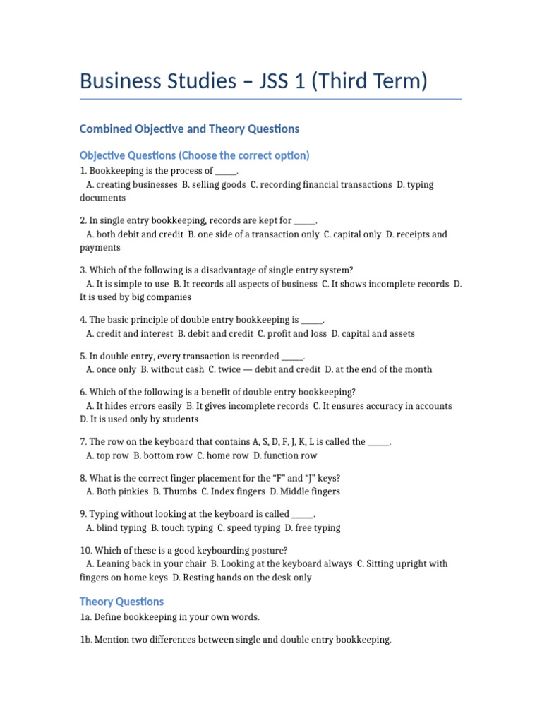 Business Studies JSS1 Third Term Questions | PDF