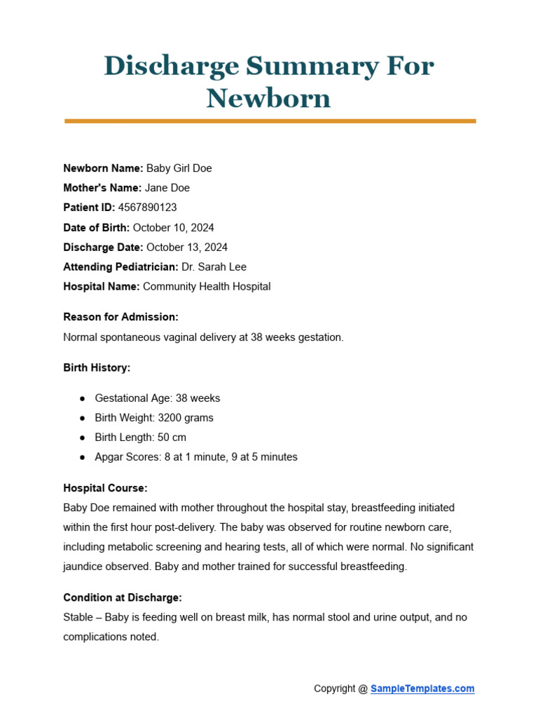 Newborn Discharge Summary Template | PDF | Breastfeeding | Infants