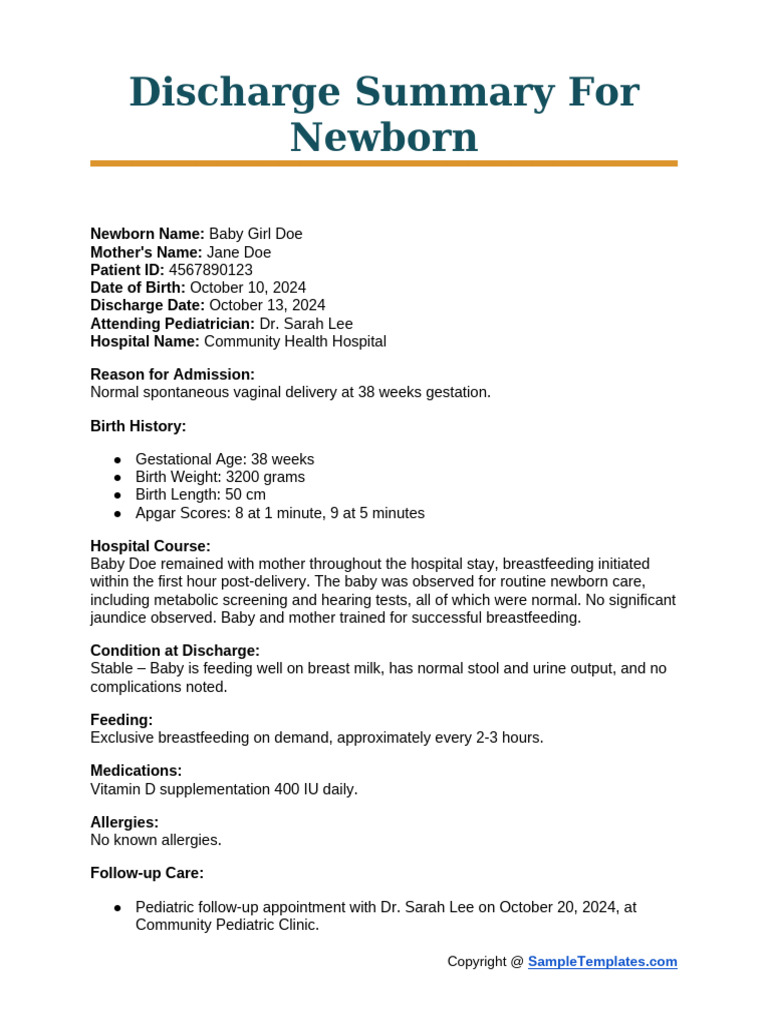 Discharge Summary For Newborn | PDF