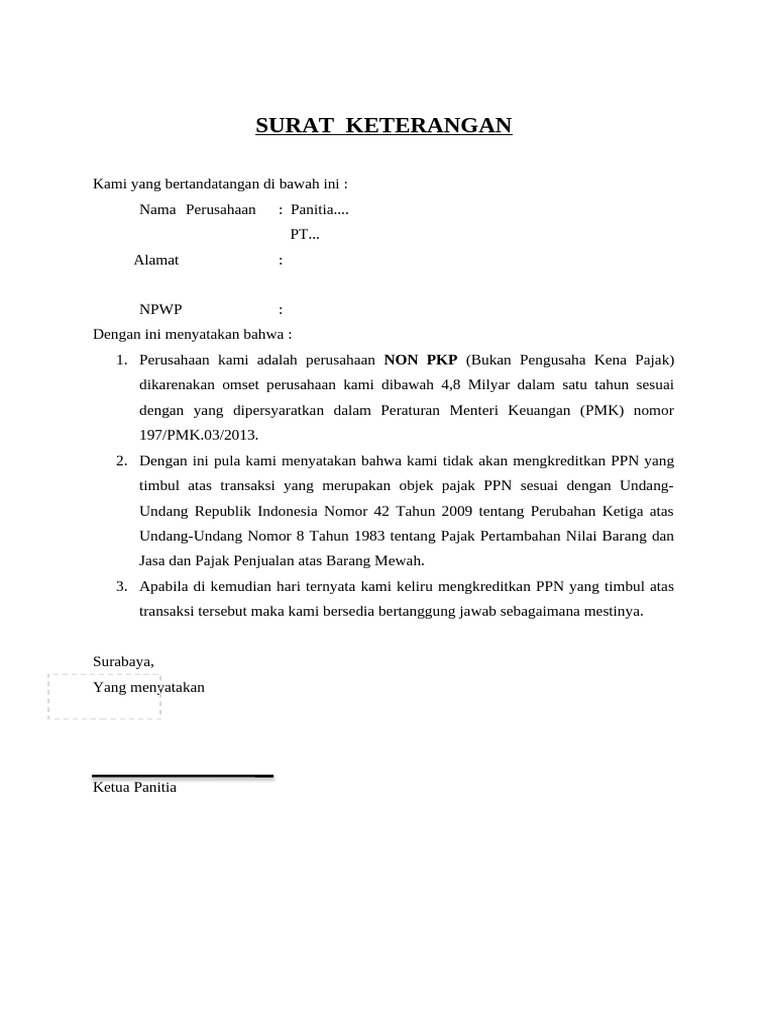 Surat Keterangan Non PKP Perusahaan | PDF