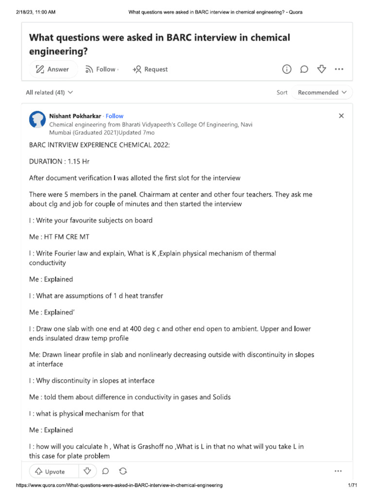 1-Quora BARC Chemical Engineering Interview Exp1 | PDF