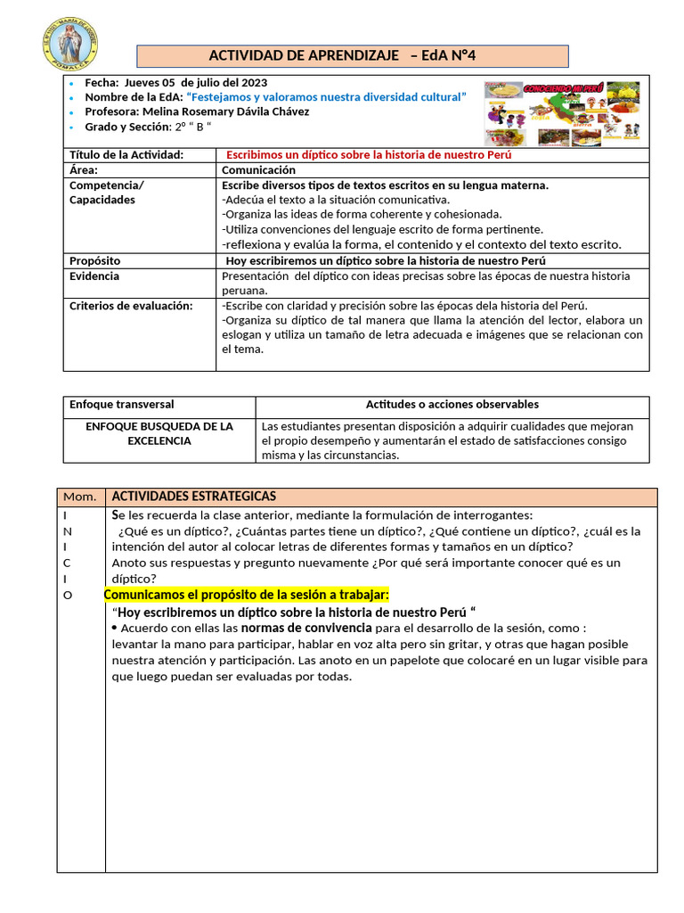 Actividad Escribimos Dípticos | PDF | Perú | Ciencia cognitiva