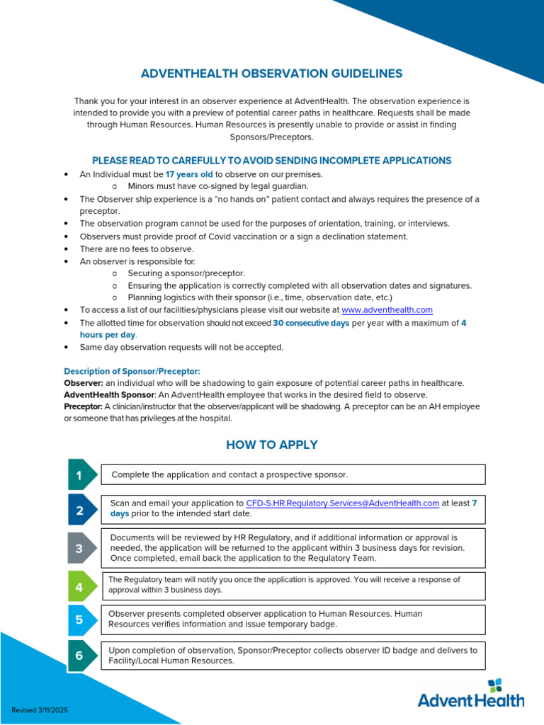 AdventHealth Observership Guidelines | PDF | Influenza | Influenza Vaccine