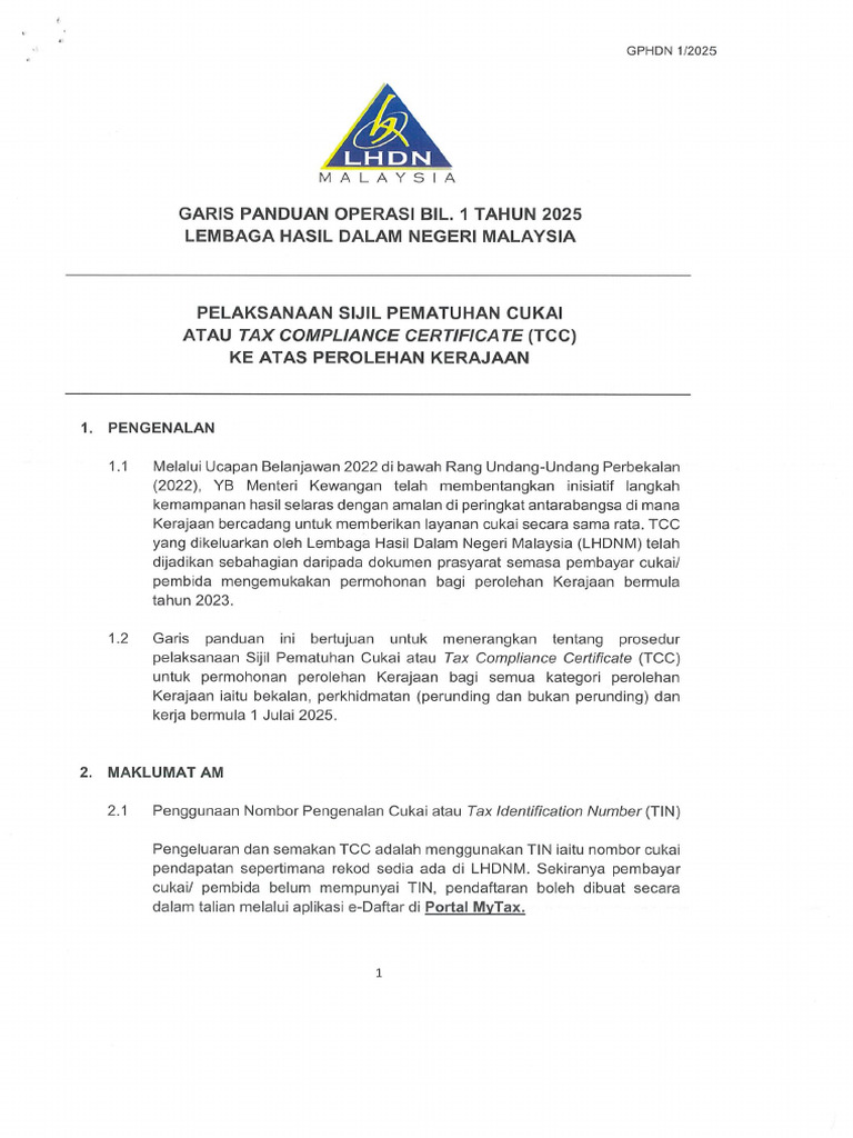 Garis Panduan Pelaksanaan Sijil Pematuhan Cukai Atau TCC Ke Atas ...