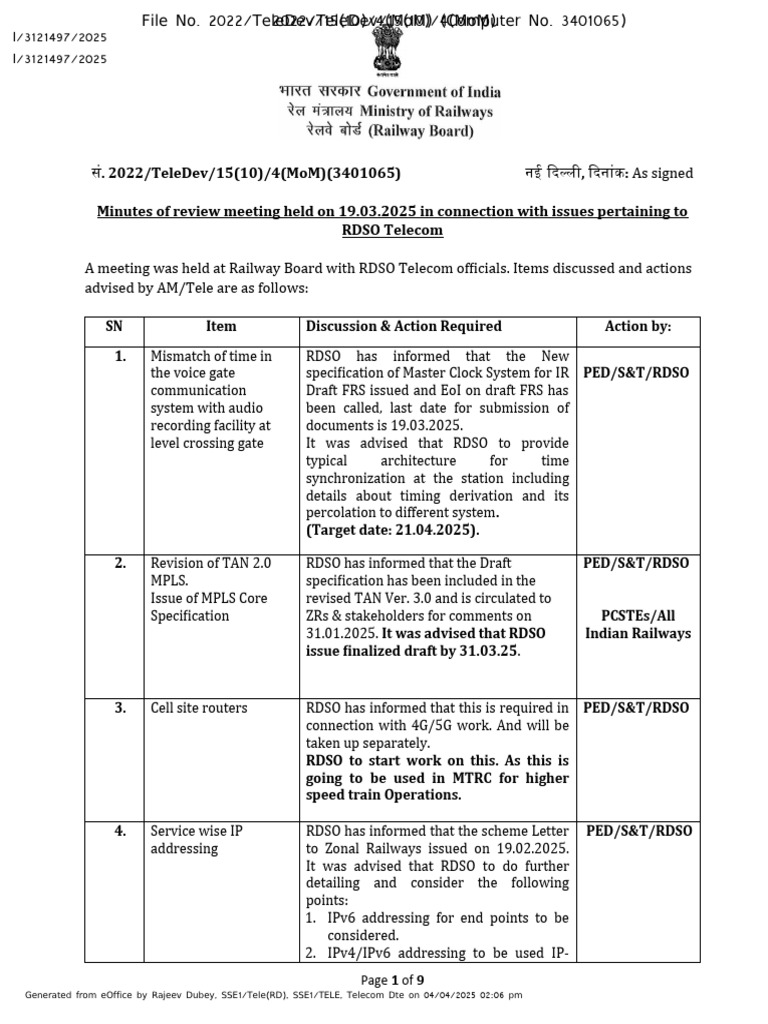RDSO Telecom Review Meeting Minutes | PDF | Telecommunications | I Pv6