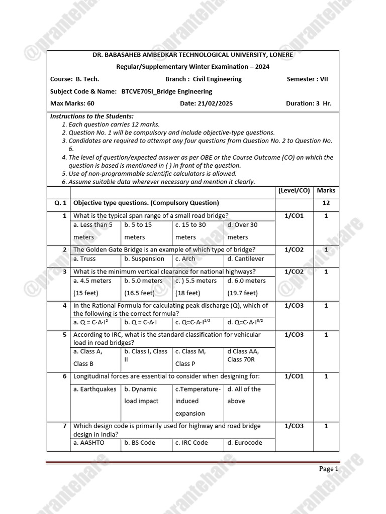 Bridge Engineering Exam Paper 2024 | PDF | Bridge | Road
