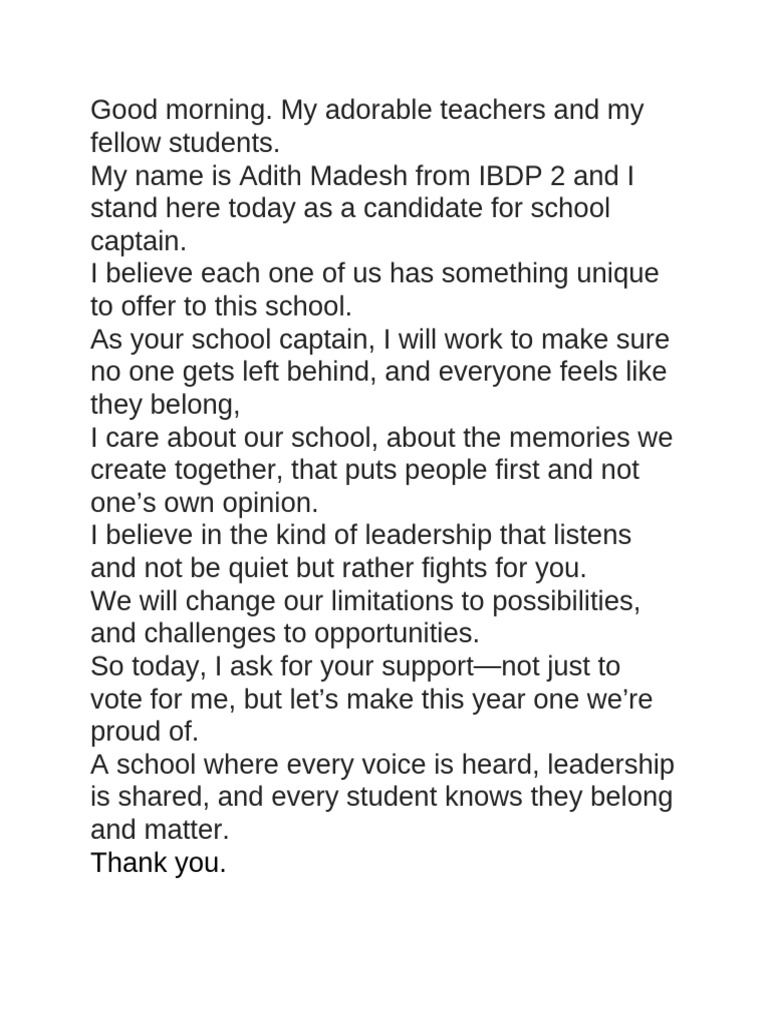School Captain Speech by Adith Madesh | PDF
