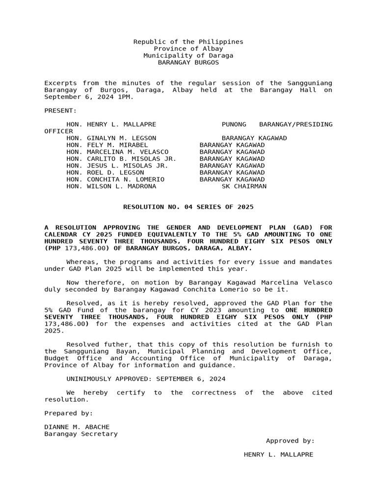Barangay Resolution No. 4 (5% GAD) | PDF
