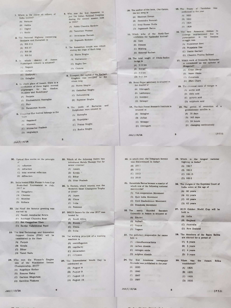 APSC JAA EXAM Question Paper 2018 Compressed | PDF