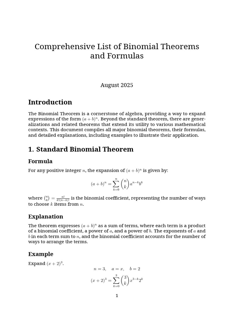 List of Bionomial Theorems Formula | PDF | Arithmetic | Complex Analysis