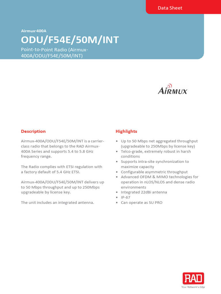 Airmux-400A ODU/F54E Data Sheet | PDF | Radio | Broadcast Engineering