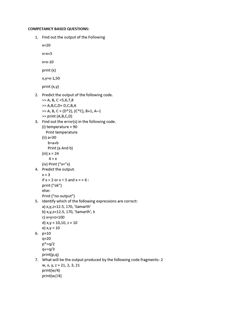 Python Competency Questions and Outputs | PDF