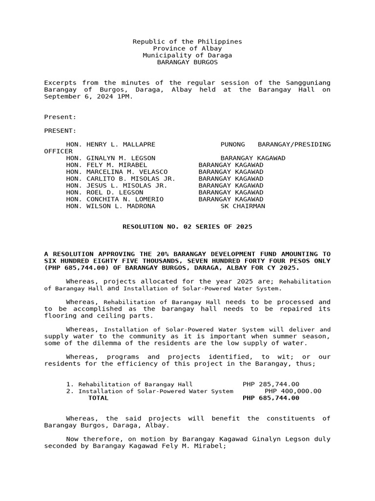 Barangay Resolution No. 2 (20% BDF Reso) | PDF | Philippines