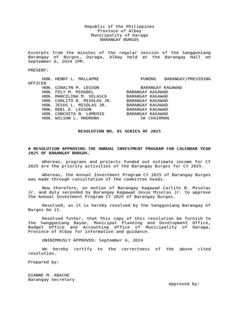 Barangay Resolution No. 1 (AIP RESOLUTION) | PDF