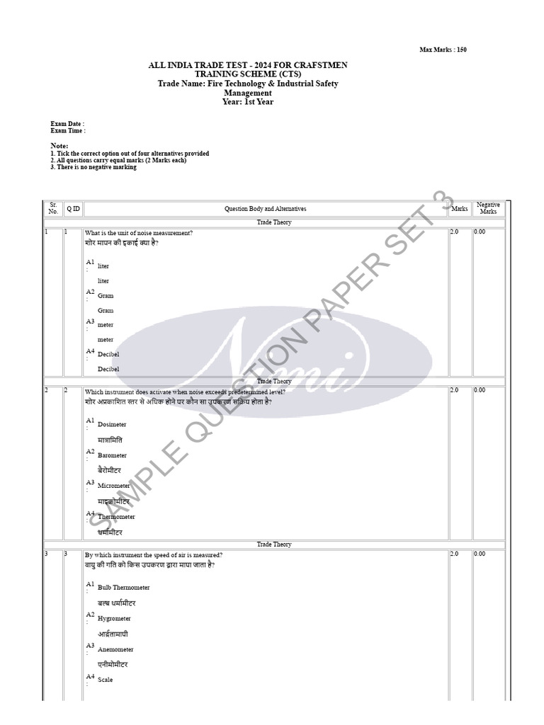 Fire Technology and Industrial Safety Management - (Set - 3) (2504) | PDF