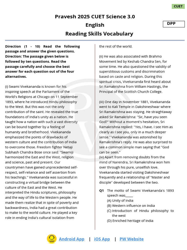 Reading Skills Vocabulary: Pravesh 2025 CUET Science 3.0 English | PDF ...
