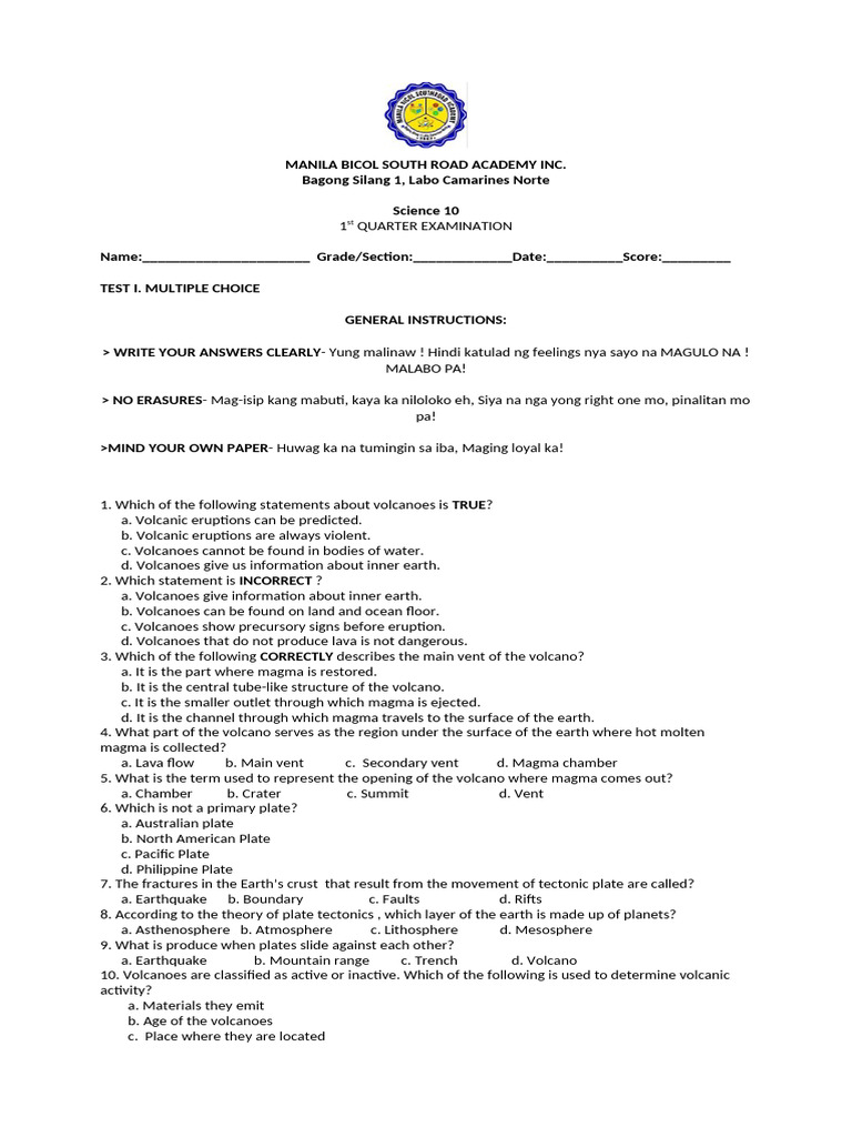 Science 10 1st Quarter Exam Guide | PDF | Plate Tectonics | Volcano