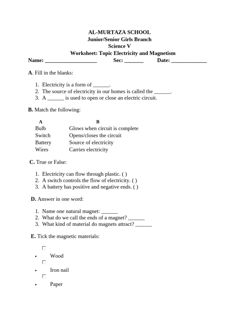 Electricity and Magnetism Worksheet | PDF | Electricity | Magnet