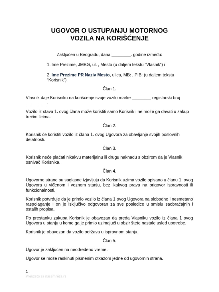 Ugovor o Ustupanju Motornog Vozila Blanko | PDF