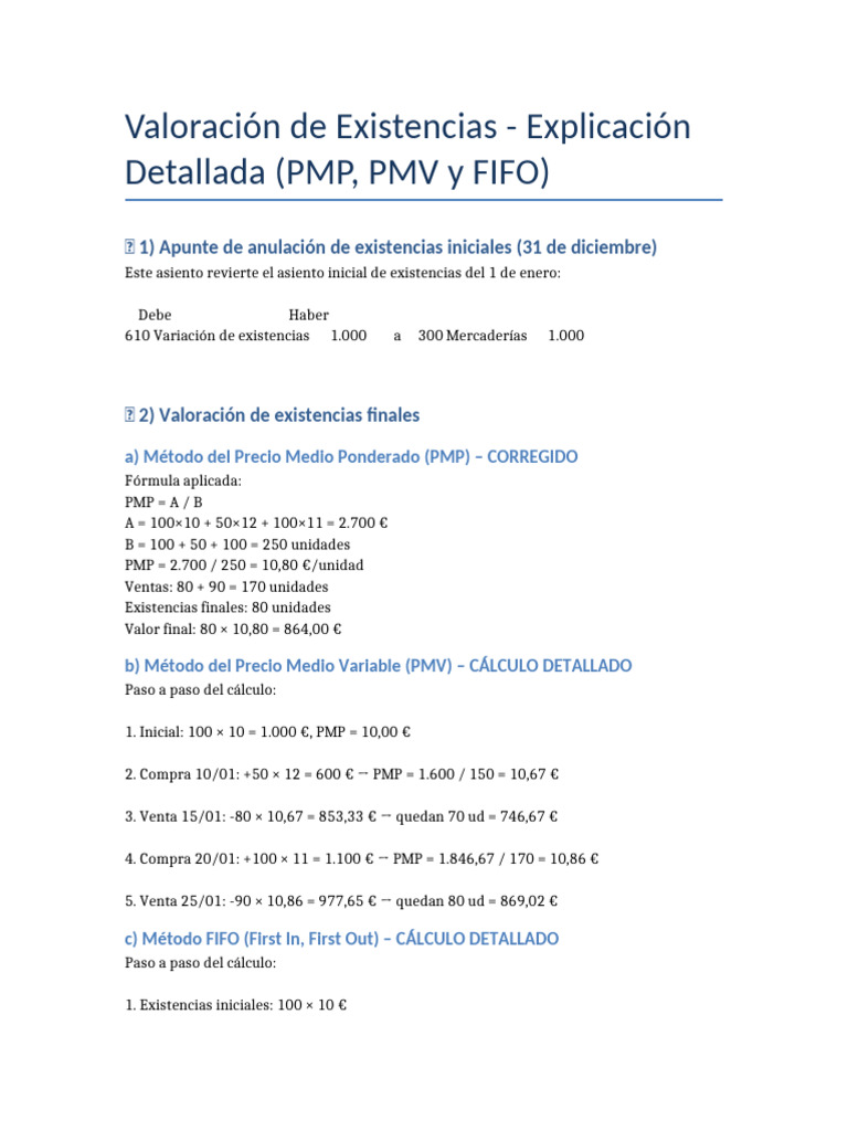 Valoracion Existencias Exp Detallada PMP PMV FIFO | PDF