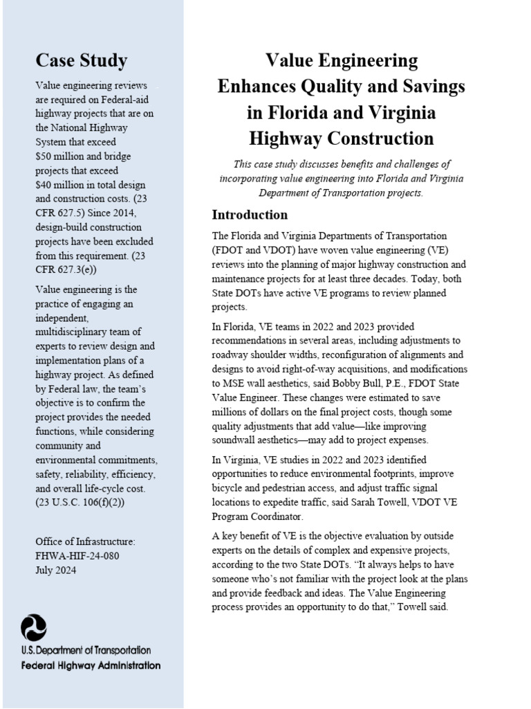Value Engineering in Highway Projects | PDF | Transport