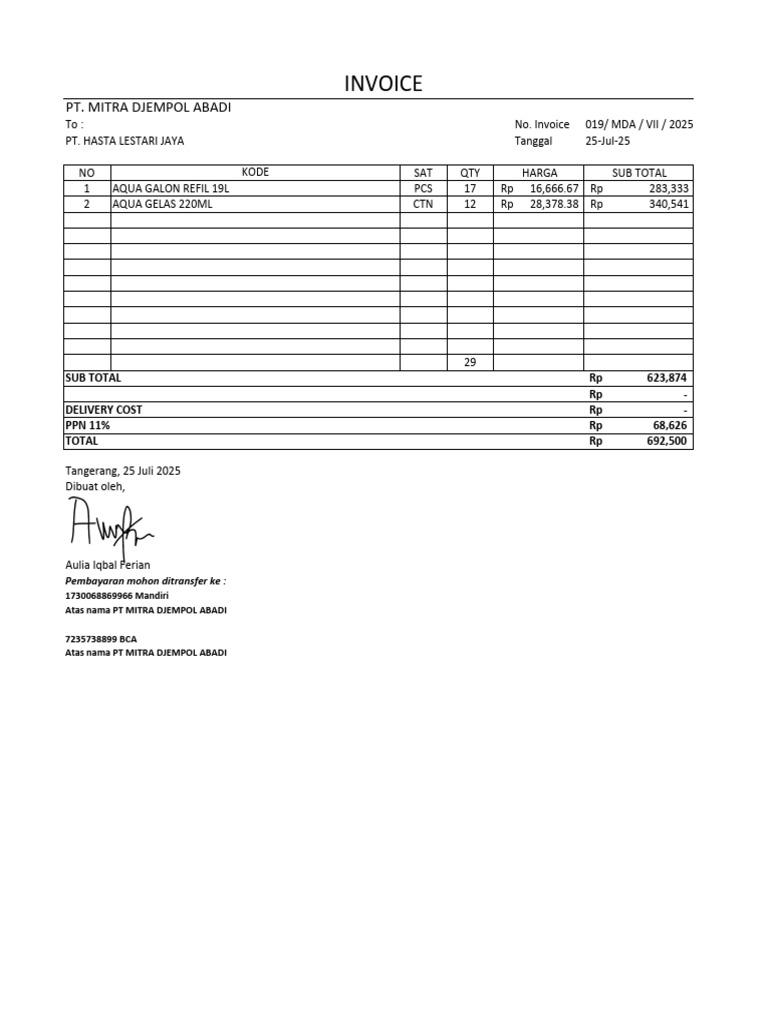 INVOICE HLJ Galon, Aqua Gelas 25 Juli | PDF