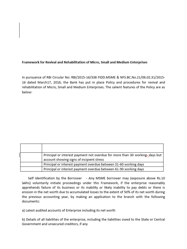 RBI Framework For Revival and Rehabilitation of MSMEs Dated 17.03.2016 ...