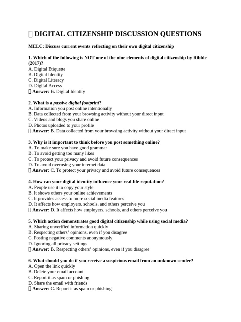 Digital Citizenship Discussion Questions | PDF | Cyberbullying | Privacy