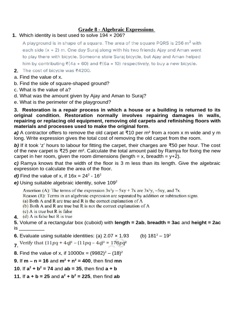 Grade 8 Algebraic Expressions Practice | PDF | Variable (Mathematics ...