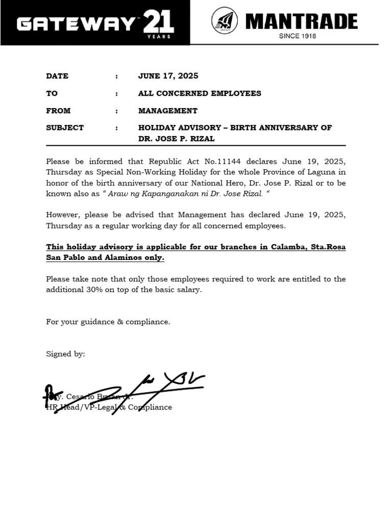 Holiday Advisory: Rizal's Birth Anniversary | PDF