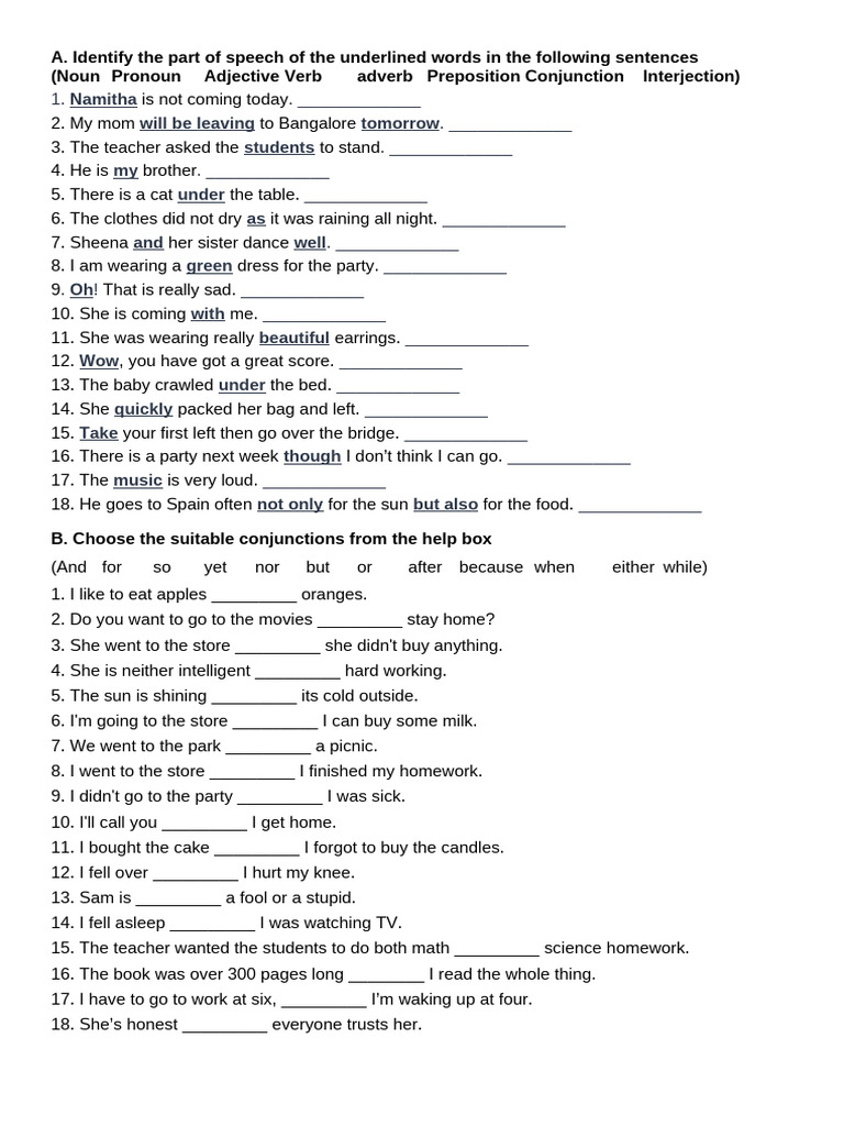 Grade 4 Parts of Speech Worksheet | PDF | Part Of Speech | Linguistics
