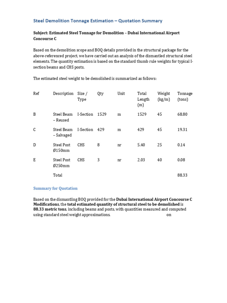 Steel Demolition Quotation Summary | PDF
