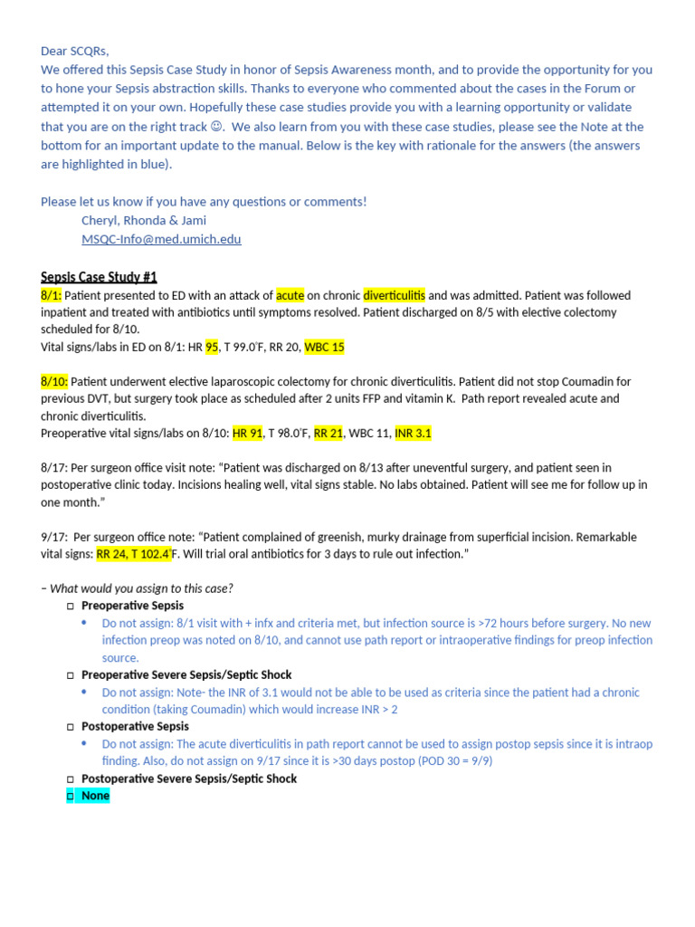 Sepsis Case Study Analysis Guide | PDF | Sepsis | Diseases And Disorders