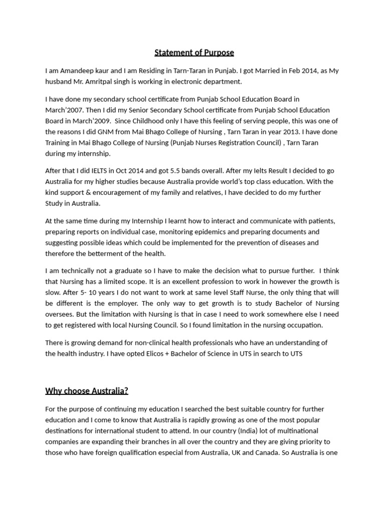 Statement of Purpose Bachelor of Science (Amandeep Kaur) | PDF ...