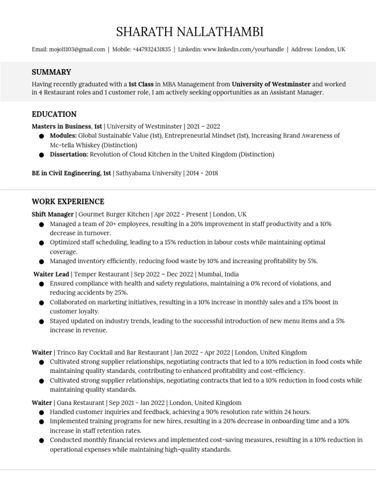 Sharath Winning CV Hospitality | PDF | Business | Business Economics