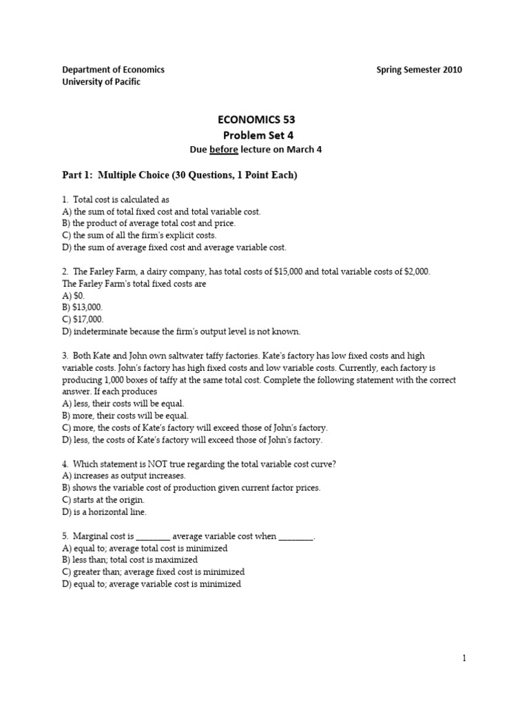 Microsoft Word - Problem Set 4 | PDF | Average Cost | Perfect Competition