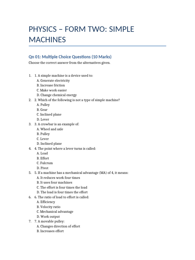 Simple Machines Quiz for Grade 6 | PDF