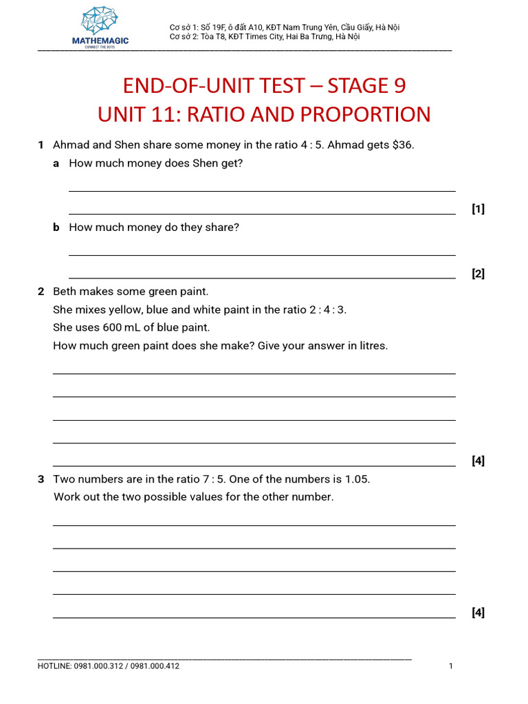 Ratio and Proportion Test Questions | PDF | Elementary Mathematics